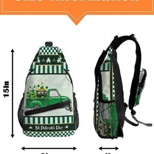 Gsypo Sling Backpack, St. Patrick's Day Truck Pull Shamrock Checkered Pattern Waterproof Lightweight Small Sling Bag, Travel Chest Bag Crossbody Shoulder Bag Hiking Daypack for Women Men