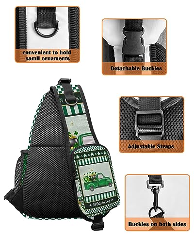 Gsypo Sling Backpack, St. Patrick's Day Truck Pull Shamrock Checkered Pattern Waterproof Lightweight Small Sling Bag, Travel Chest Bag Crossbody Shoulder Bag Hiking Daypack for Women Men