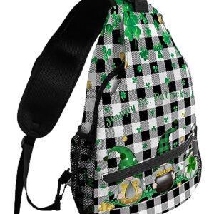 Sling Backpack, St.Patrick's Day Shamrocks Gnome Black and White Buffalo Plaid Waterproof Lightweight Small Sling Bag, Travel Chest Bag Crossbody Shoulder Bag Hiking Daypack for Women Men