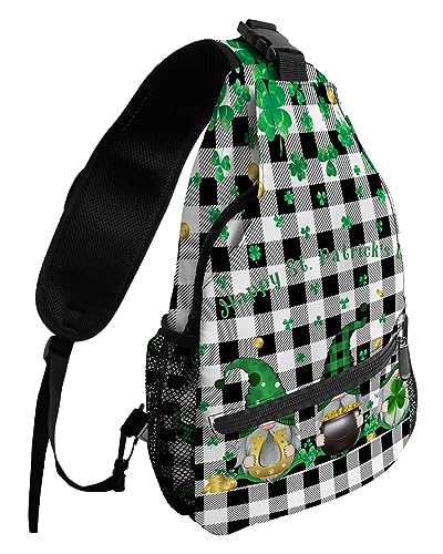 Sling Backpack, St.Patrick's Day Shamrocks Gnome Black and White Buffalo Plaid Waterproof Lightweight Small Sling Bag, Travel Chest Bag Crossbody Shoulder Bag Hiking Daypack for Women Men