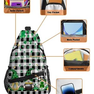 Sling Backpack, St.Patrick's Day Shamrocks Gnome Black and White Buffalo Plaid Waterproof Lightweight Small Sling Bag, Travel Chest Bag Crossbody Shoulder Bag Hiking Daypack for Women Men