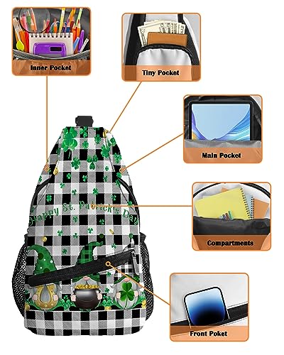 Sling Backpack, St.Patrick's Day Shamrocks Gnome Black and White Buffalo Plaid Waterproof Lightweight Small Sling Bag, Travel Chest Bag Crossbody Shoulder Bag Hiking Daypack for Women Men