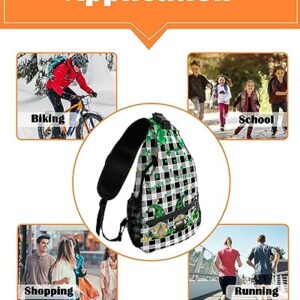 Sling Backpack, St.Patrick's Day Shamrocks Gnome Black and White Buffalo Plaid Waterproof Lightweight Small Sling Bag, Travel Chest Bag Crossbody Shoulder Bag Hiking Daypack for Women Men