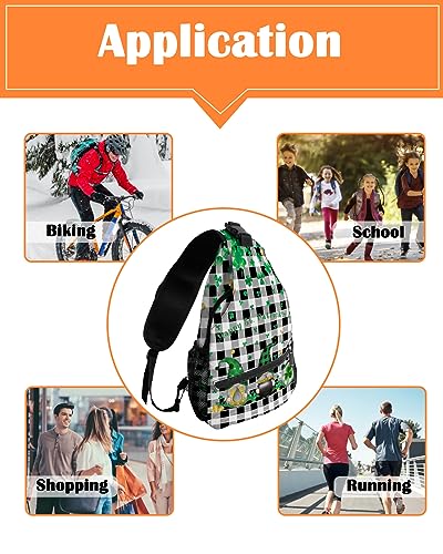 Sling Backpack, St.Patrick's Day Shamrocks Gnome Black and White Buffalo Plaid Waterproof Lightweight Small Sling Bag, Travel Chest Bag Crossbody Shoulder Bag Hiking Daypack for Women Men