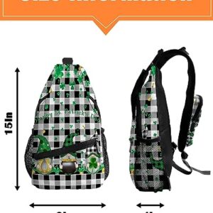 Sling Backpack, St.Patrick's Day Shamrocks Gnome Black and White Buffalo Plaid Waterproof Lightweight Small Sling Bag, Travel Chest Bag Crossbody Shoulder Bag Hiking Daypack for Women Men