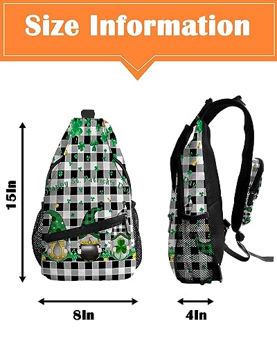 Sling Backpack, St.Patrick's Day Shamrocks Gnome Black and White Buffalo Plaid Waterproof Lightweight Small Sling Bag, Travel Chest Bag Crossbody Shoulder Bag Hiking Daypack for Women Men