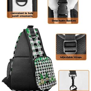 Sling Backpack, St.Patrick's Day Shamrocks Gnome Black and White Buffalo Plaid Waterproof Lightweight Small Sling Bag, Travel Chest Bag Crossbody Shoulder Bag Hiking Daypack for Women Men