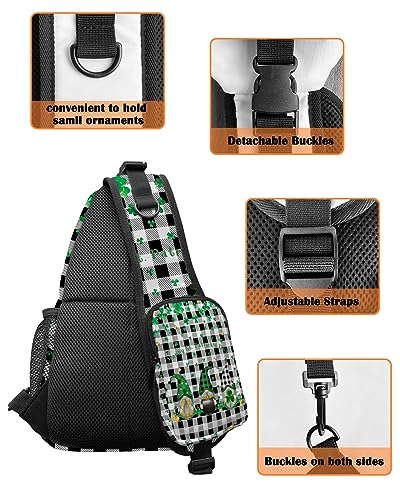 Sling Backpack, St.Patrick's Day Shamrocks Gnome Black and White Buffalo Plaid Waterproof Lightweight Small Sling Bag, Travel Chest Bag Crossbody Shoulder Bag Hiking Daypack for Women Men