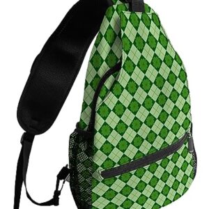 Sling Backpack, St. Patrick's Day Shamrock Green Diamond Lattice Waterproof Lightweight Small Sling Bag, Travel Chest Bag Crossbody Shoulder Bag Hiking Daypack for Women Men