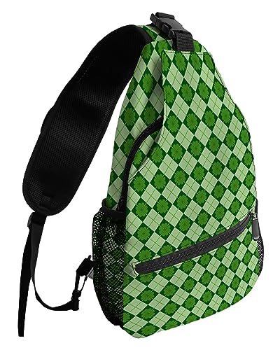 Sling Backpack, St. Patrick's Day Shamrock Green Diamond Lattice Waterproof Lightweight Small Sling Bag, Travel Chest Bag Crossbody Shoulder Bag Hiking Daypack for Women Men