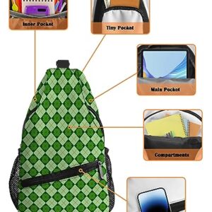 Sling Backpack, St. Patrick's Day Shamrock Green Diamond Lattice Waterproof Lightweight Small Sling Bag, Travel Chest Bag Crossbody Shoulder Bag Hiking Daypack for Women Men