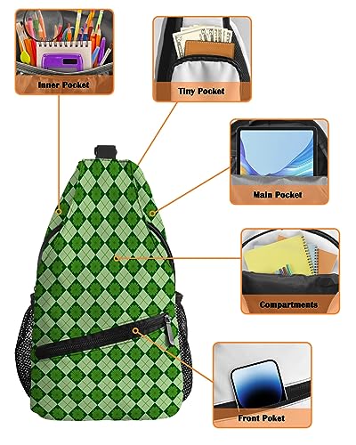 Sling Backpack, St. Patrick's Day Shamrock Green Diamond Lattice Waterproof Lightweight Small Sling Bag, Travel Chest Bag Crossbody Shoulder Bag Hiking Daypack for Women Men