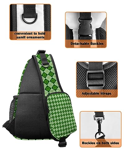 Sling Backpack, St. Patrick's Day Shamrock Green Diamond Lattice Waterproof Lightweight Small Sling Bag, Travel Chest Bag Crossbody Shoulder Bag Hiking Daypack for Women Men