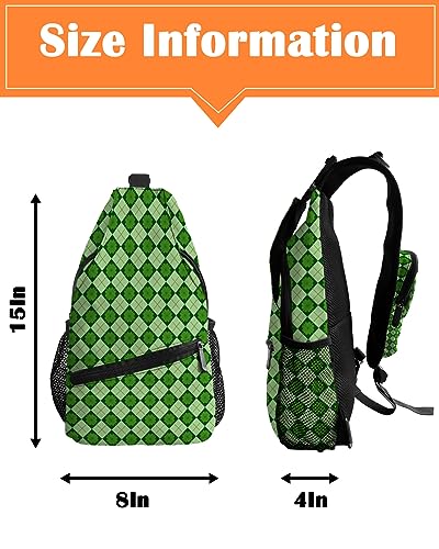 Sling Backpack, St. Patrick's Day Shamrock Green Diamond Lattice Waterproof Lightweight Small Sling Bag, Travel Chest Bag Crossbody Shoulder Bag Hiking Daypack for Women Men