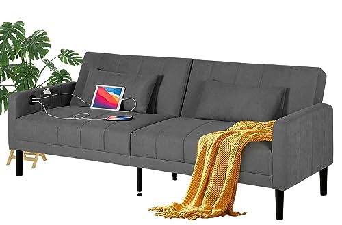 TYBOATLE 82” Modern Upholstered Convertible Folding Futon Sofa Bed, Sleeper Bed Couch w/USB Charging Ports and Pillows, Tufted 3 Seat Loveseat Sofas for Living Room, Apartment, Bedroom (Grey)