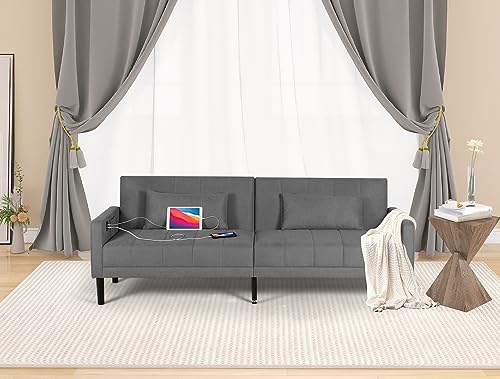 TYBOATLE 82” Modern Upholstered Convertible Folding Futon Sofa Bed, Sleeper Bed Couch w/USB Charging Ports and Pillows, Tufted 3 Seat Loveseat Sofas for Living Room, Apartment, Bedroom (Grey)