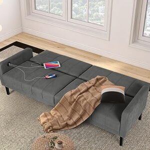 TYBOATLE 82” Modern Upholstered Convertible Folding Futon Sofa Bed, Sleeper Bed Couch w/USB Charging Ports and Pillows, Tufted 3 Seat Loveseat Sofas for Living Room, Apartment, Bedroom (Grey)