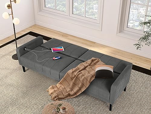 TYBOATLE 82” Modern Upholstered Convertible Folding Futon Sofa Bed, Sleeper Bed Couch w/USB Charging Ports and Pillows, Tufted 3 Seat Loveseat Sofas for Living Room, Apartment, Bedroom (Grey)