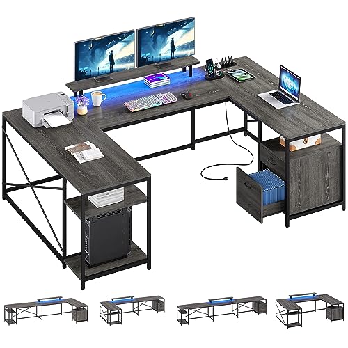 YITAHOME U Shaped Desk with Power Outlets & LED Lights, Reversible Computer Desk L Shaped Desk with Drawers, Large Corner Office Desk with Monitor Stand & Storage Shelves, 2 Person Desk, Grey