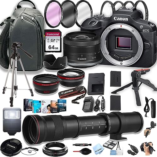 Canon EOS R100 Mirrorless Camera with 18-45mm Lens + 420-800mm Super Telephoto Lens + 100S Sling Backpack + 64GB Memory Cards, Professional Photo Bundle (42pc Bundle) (Renewed)