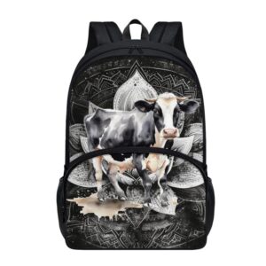 rivatimrio mandala lotus cow school backpack kids aesthetic floral animals bookbag waterproof bottle holder daypack supplies for boys girls teens rucksack black white