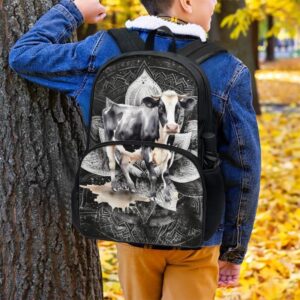 Rivatimrio Mandala Lotus Cow School Backpack Kids Aesthetic Floral Animals Bookbag Waterproof Bottle Holder Daypack Supplies for Boys Girls Teens Rucksack Black White