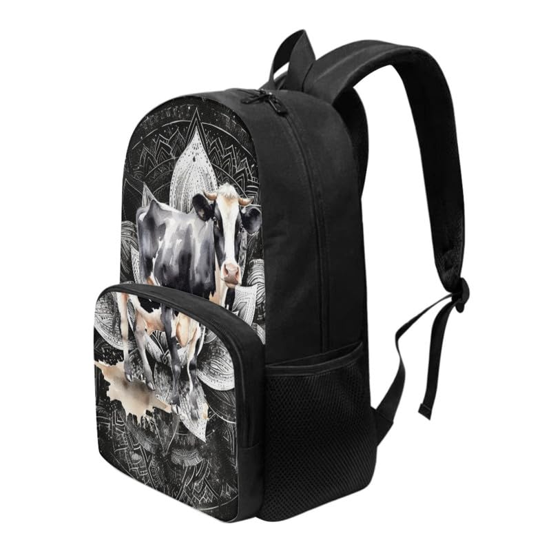 Rivatimrio Mandala Lotus Cow School Backpack Kids Aesthetic Floral Animals Bookbag Waterproof Bottle Holder Daypack Supplies for Boys Girls Teens Rucksack Black White