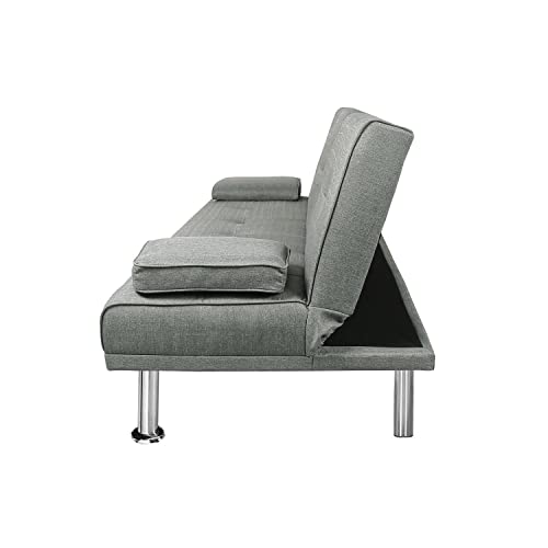 Verfur Modern Futon Sofa Bed-Compact Design for Small Spaces-Comfort Convertible Sleeper Loveseat Couch with for Premium Fabric Sofabed, Light Grey w/ 2 Cupholders and Removable Pillow Top Armrest