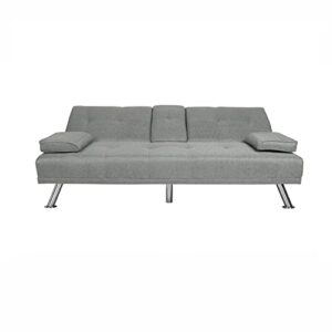 Verfur Modern Futon Sofa Bed-Compact Design for Small Spaces-Comfort Convertible Sleeper Loveseat Couch with for Premium Fabric Sofabed, Light Grey w/ 2 Cupholders and Removable Pillow Top Armrest