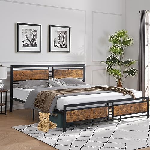 AnwickNomo Queen Size Metal Platform Bed Frame with Wooden Headboard and Footboard, Heavy Duty Rustic Country Style Mattress Foundation with Strong Slat Support, No Box Spring Needed, Noise-Free