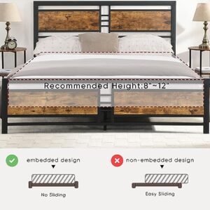 AnwickNomo Queen Size Metal Platform Bed Frame with Wooden Headboard and Footboard, Heavy Duty Rustic Country Style Mattress Foundation with Strong Slat Support, No Box Spring Needed, Noise-Free