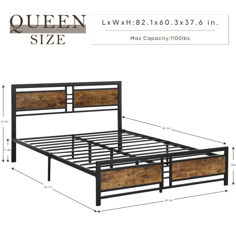 AnwickNomo Queen Size Metal Platform Bed Frame with Wooden Headboard and Footboard, Heavy Duty Rustic Country Style Mattress Foundation with Strong Slat Support, No Box Spring Needed, Noise-Free