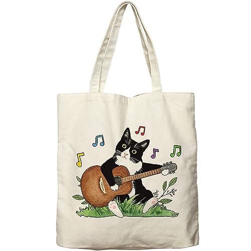 Dlzdn Music Cat Canvas Tote Bag For Women Aesthetic Funny Cute Tuxedo Cat Playing Guitar Tote Bag Shopping Grocery Bag Beach Bag Gifts for Women Teacher Bag Reusable Grocery Bag