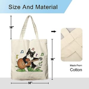 Dlzdn Music Cat Canvas Tote Bag For Women Aesthetic Funny Cute Tuxedo Cat Playing Guitar Tote Bag Shopping Grocery Bag Beach Bag Gifts for Women Teacher Bag Reusable Grocery Bag