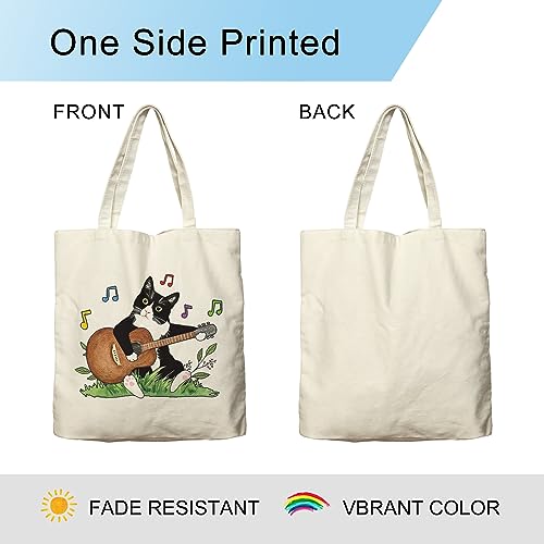 Dlzdn Music Cat Canvas Tote Bag For Women Aesthetic Funny Cute Tuxedo Cat Playing Guitar Tote Bag Shopping Grocery Bag Beach Bag Gifts for Women Teacher Bag Reusable Grocery Bag