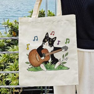 Dlzdn Music Cat Canvas Tote Bag For Women Aesthetic Funny Cute Tuxedo Cat Playing Guitar Tote Bag Shopping Grocery Bag Beach Bag Gifts for Women Teacher Bag Reusable Grocery Bag