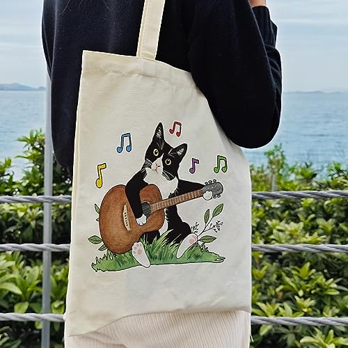 Dlzdn Music Cat Canvas Tote Bag For Women Aesthetic Funny Cute Tuxedo Cat Playing Guitar Tote Bag Shopping Grocery Bag Beach Bag Gifts for Women Teacher Bag Reusable Grocery Bag