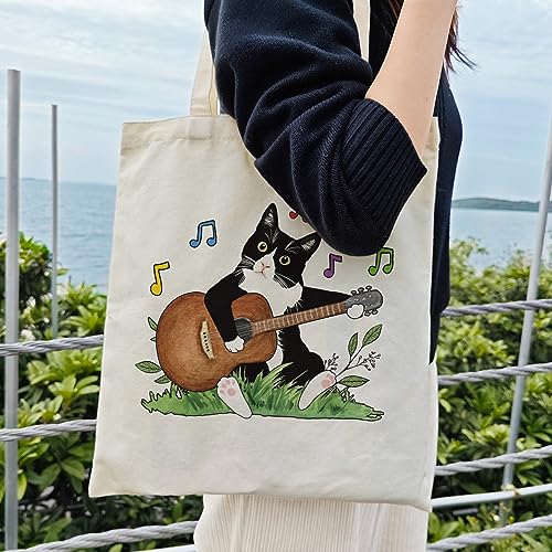 Dlzdn Music Cat Canvas Tote Bag For Women Aesthetic Funny Cute Tuxedo Cat Playing Guitar Tote Bag Shopping Grocery Bag Beach Bag Gifts for Women Teacher Bag Reusable Grocery Bag