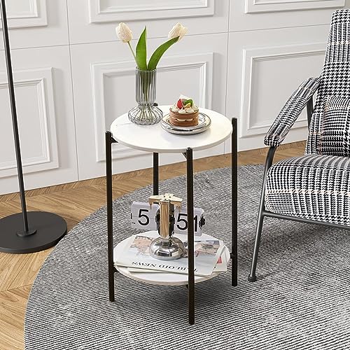 Wiyoskeey Small Round Tables for Small Spaces, Faux Marble Side Table Round, White Marble Small Coffee Table, 2-Tier End Table with Open Storage Shelf for Living Room, Nightstand for Bedroom