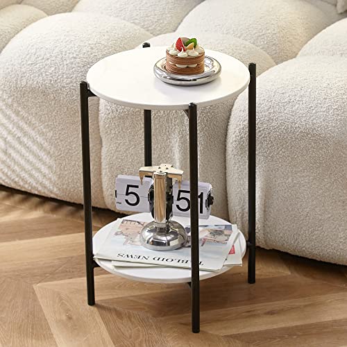 Wiyoskeey Small Round Tables for Small Spaces, Faux Marble Side Table Round, White Marble Small Coffee Table, 2-Tier End Table with Open Storage Shelf for Living Room, Nightstand for Bedroom