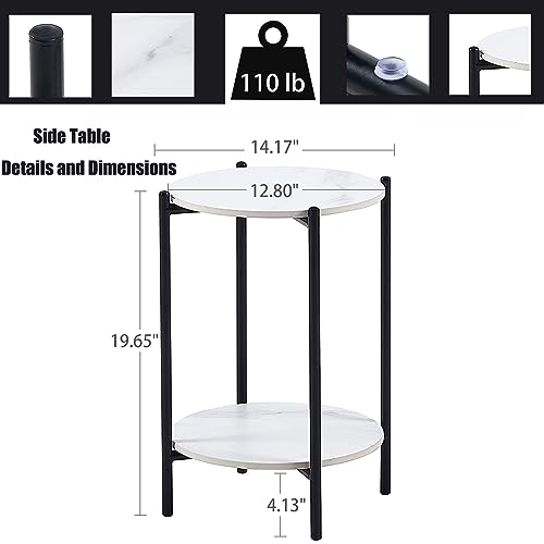 Wiyoskeey Small Round Tables for Small Spaces, Faux Marble Side Table Round, White Marble Small Coffee Table, 2-Tier End Table with Open Storage Shelf for Living Room, Nightstand for Bedroom