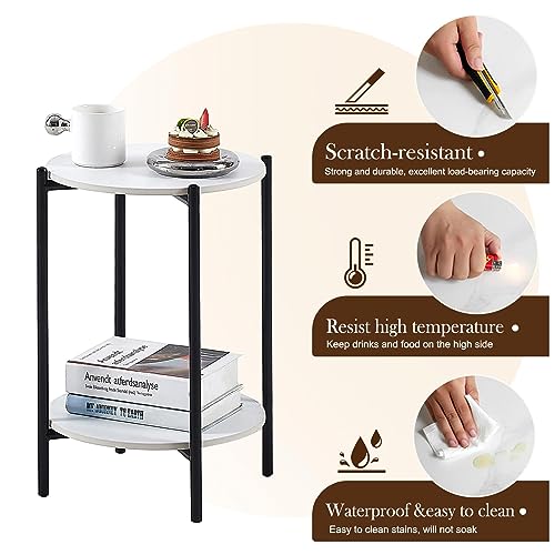 Wiyoskeey Small Round Tables for Small Spaces, Faux Marble Side Table Round, White Marble Small Coffee Table, 2-Tier End Table with Open Storage Shelf for Living Room, Nightstand for Bedroom