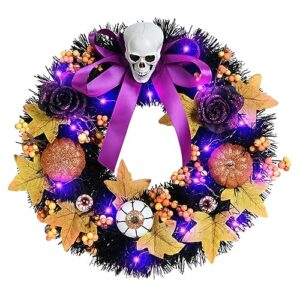 halloween skull wreath,halloween wreaths with 20 led purple lights, skeleton glitter pumpkins maple leaf terrifying eyeball, front door wreath for indoor, outdoor, home, party decoration