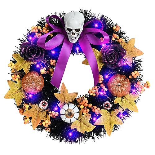 Halloween Skull Wreath,Halloween Wreaths with 20 LED Purple Lights, Skeleton Glitter Pumpkins Maple Leaf Terrifying Eyeball, Front Door Wreath for Indoor, Outdoor, Home, Party Decoration