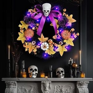 Halloween Skull Wreath,Halloween Wreaths with 20 LED Purple Lights, Skeleton Glitter Pumpkins Maple Leaf Terrifying Eyeball, Front Door Wreath for Indoor, Outdoor, Home, Party Decoration