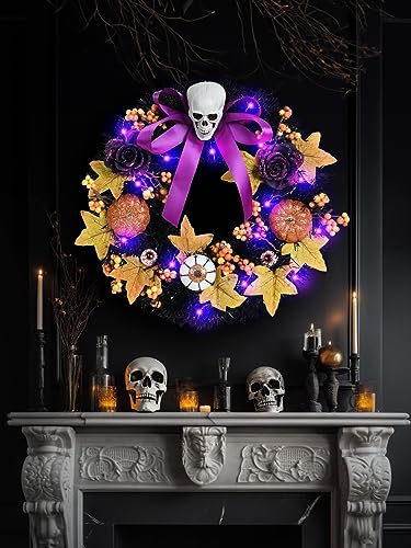 Halloween Skull Wreath,Halloween Wreaths with 20 LED Purple Lights, Skeleton Glitter Pumpkins Maple Leaf Terrifying Eyeball, Front Door Wreath for Indoor, Outdoor, Home, Party Decoration