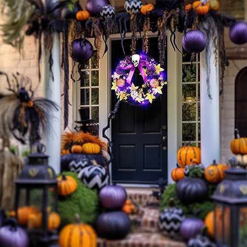 Halloween Skull Wreath,Halloween Wreaths with 20 LED Purple Lights, Skeleton Glitter Pumpkins Maple Leaf Terrifying Eyeball, Front Door Wreath for Indoor, Outdoor, Home, Party Decoration