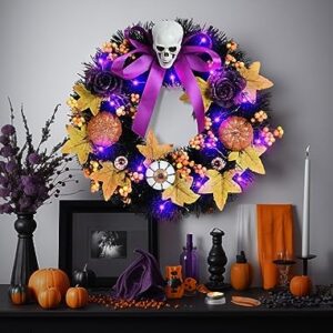 Halloween Skull Wreath,Halloween Wreaths with 20 LED Purple Lights, Skeleton Glitter Pumpkins Maple Leaf Terrifying Eyeball, Front Door Wreath for Indoor, Outdoor, Home, Party Decoration