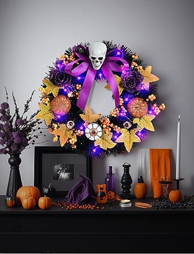 Halloween Skull Wreath,Halloween Wreaths with 20 LED Purple Lights, Skeleton Glitter Pumpkins Maple Leaf Terrifying Eyeball, Front Door Wreath for Indoor, Outdoor, Home, Party Decoration