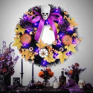 Halloween Skull Wreath,Halloween Wreaths with 20 LED Purple Lights, Skeleton Glitter Pumpkins Maple Leaf Terrifying Eyeball, Front Door Wreath for Indoor, Outdoor, Home, Party Decoration